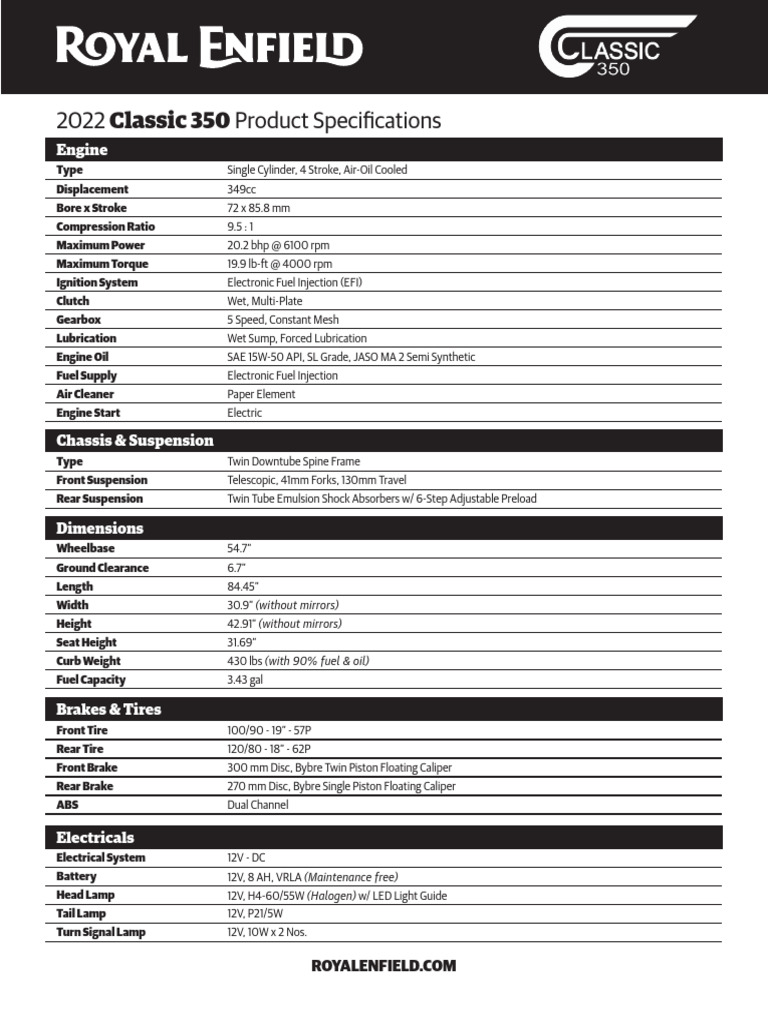 Royal Enfield Classic 350 Technical Specifications English | PDF
