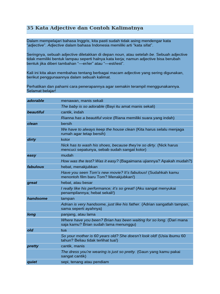 35 Kata Adjective dan Contoh Kalimatnya | PDF