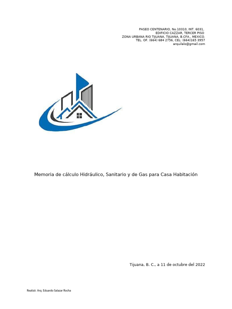 Memoria de Calculo Hidraulico Casa Hab UABC 2023 Alumnos | PDF Memoria de Calculo Hidraulico Casa Hab UABC 2023 Alumnos | PDF