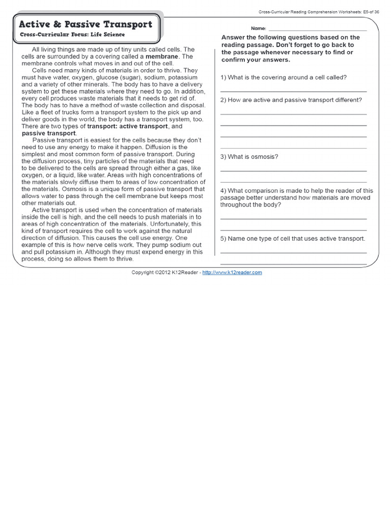 Active and Passive Transport _ 5th Grade Reading Comprehension ...