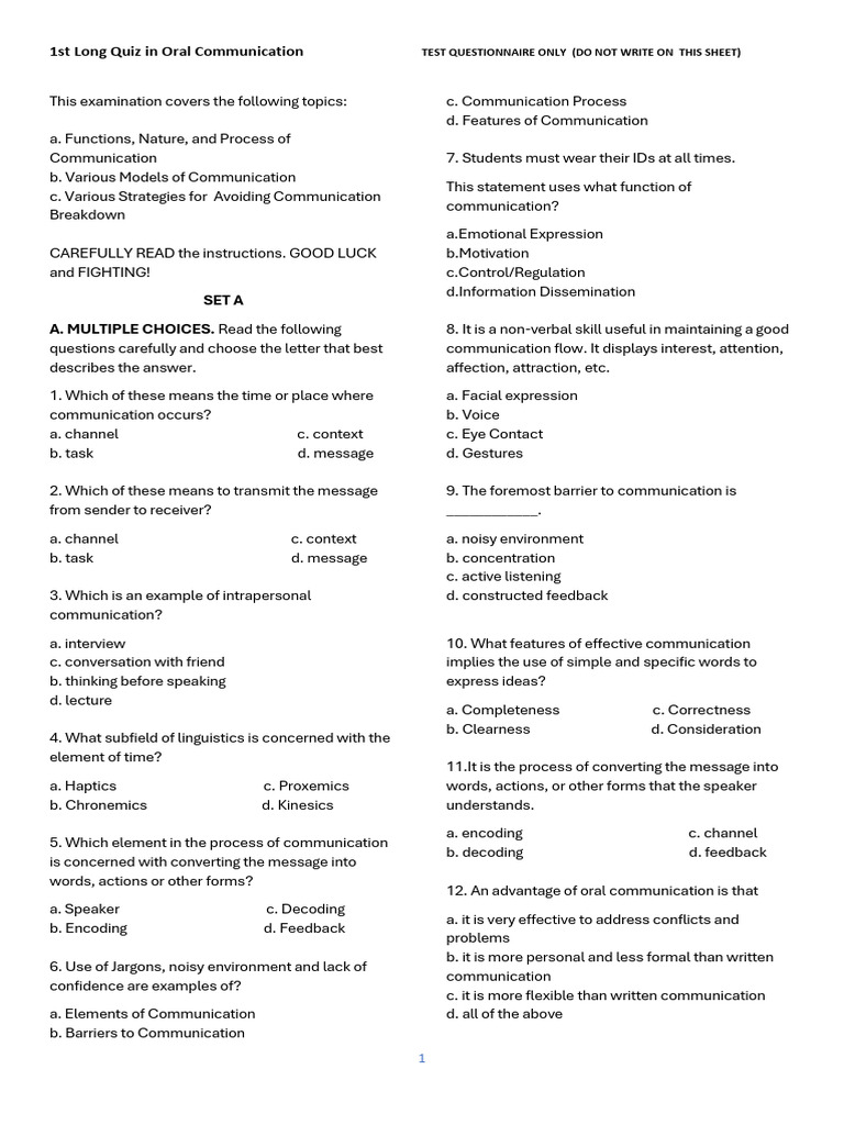 1st-Long Quiz-In-Oral Communication SET A | PDF | Communication ...