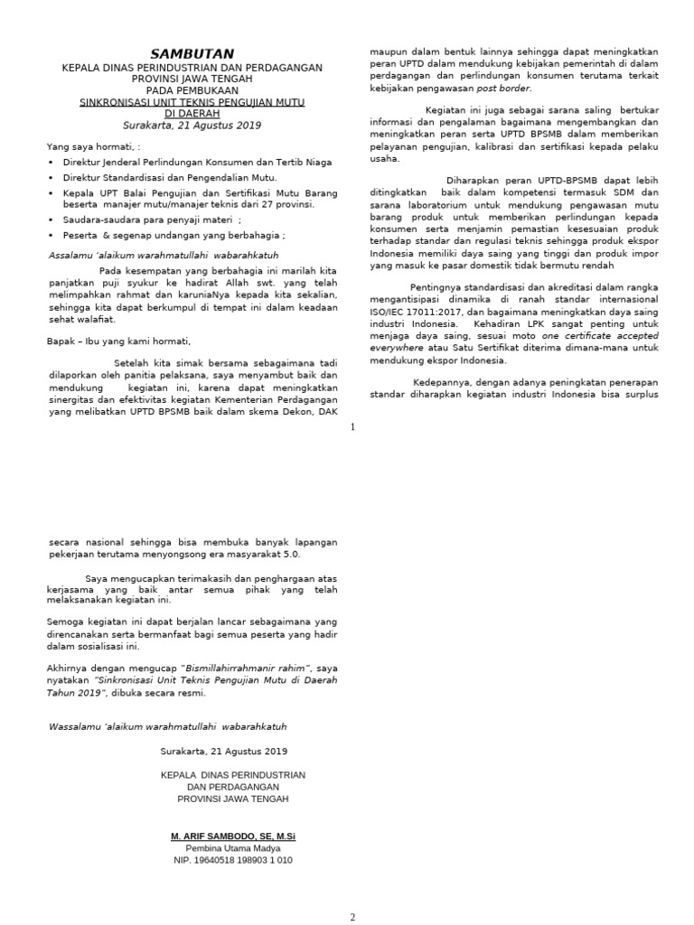 Draft Sambutan Kadisperindag 21 Agust | PDF