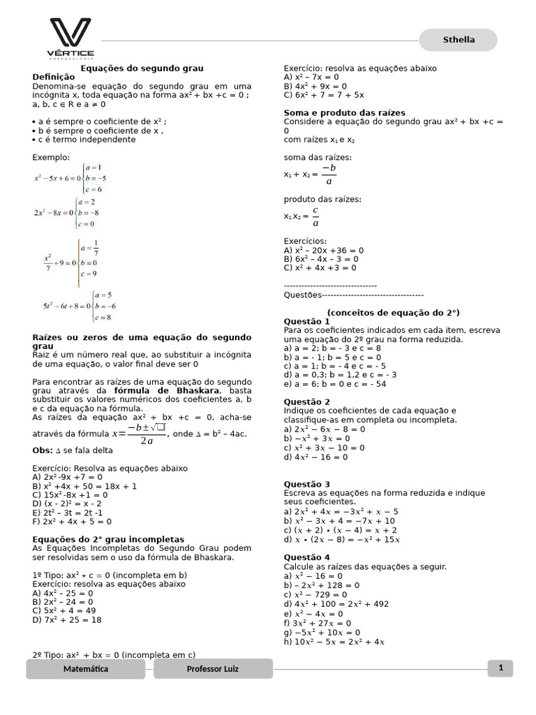 Equação Do Segundo Grau (Sthella) | PDF