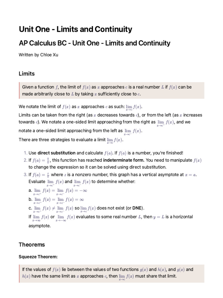 Unit One - Limits and Continuity | PDF | Continuous Function | Teaching Methods & Materials