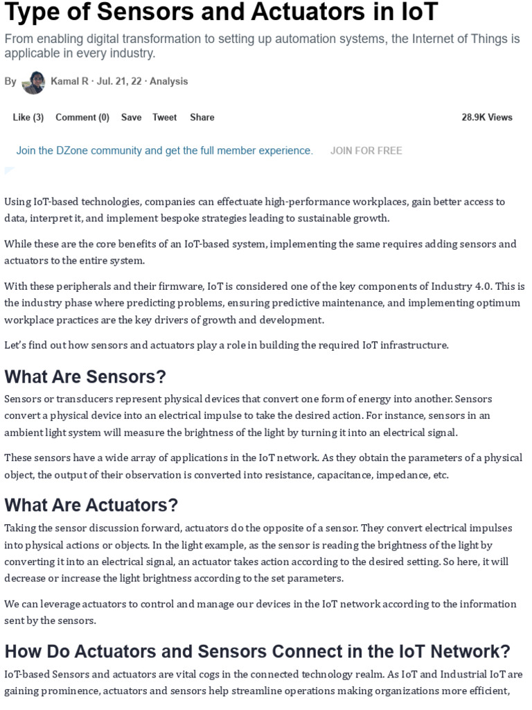 Type of Sensors and Actuators in IoT - DZone | PDF
