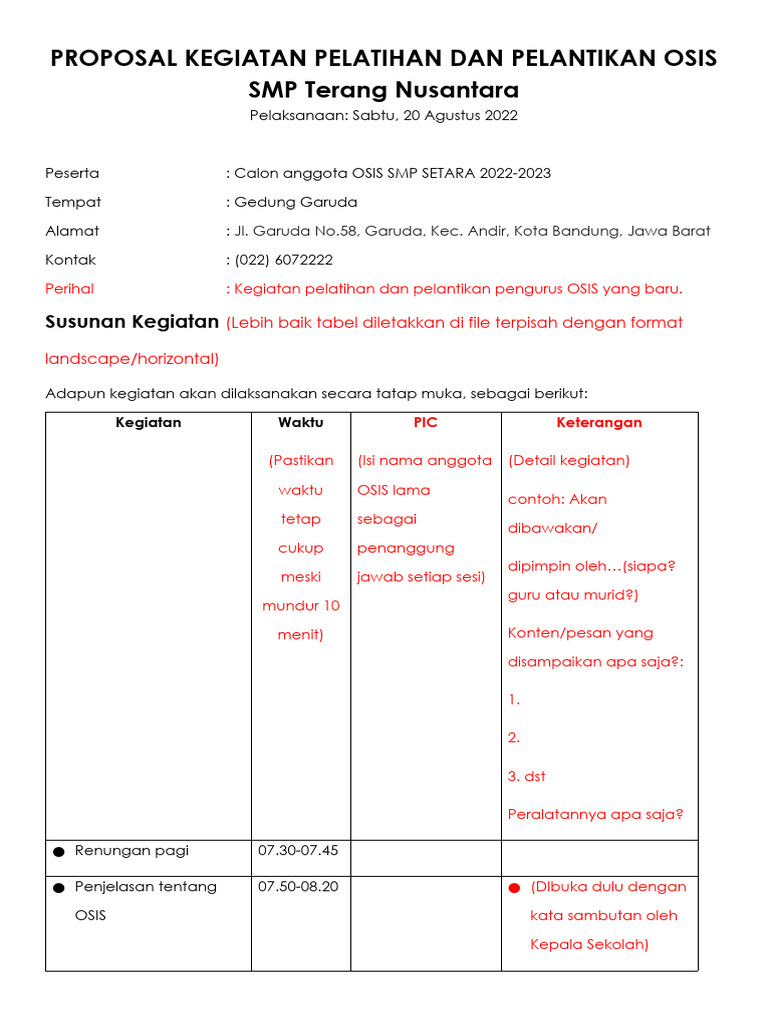 Proposal Pelatihan Dan Pelantikan Osis | PDF