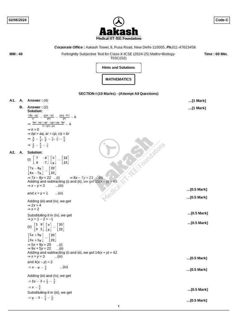 FST-3C (ICSE-G-2) Math+Bio (C-10) 02-08-2024 - SOL | PDF | Mathematics | Elementary Mathematics