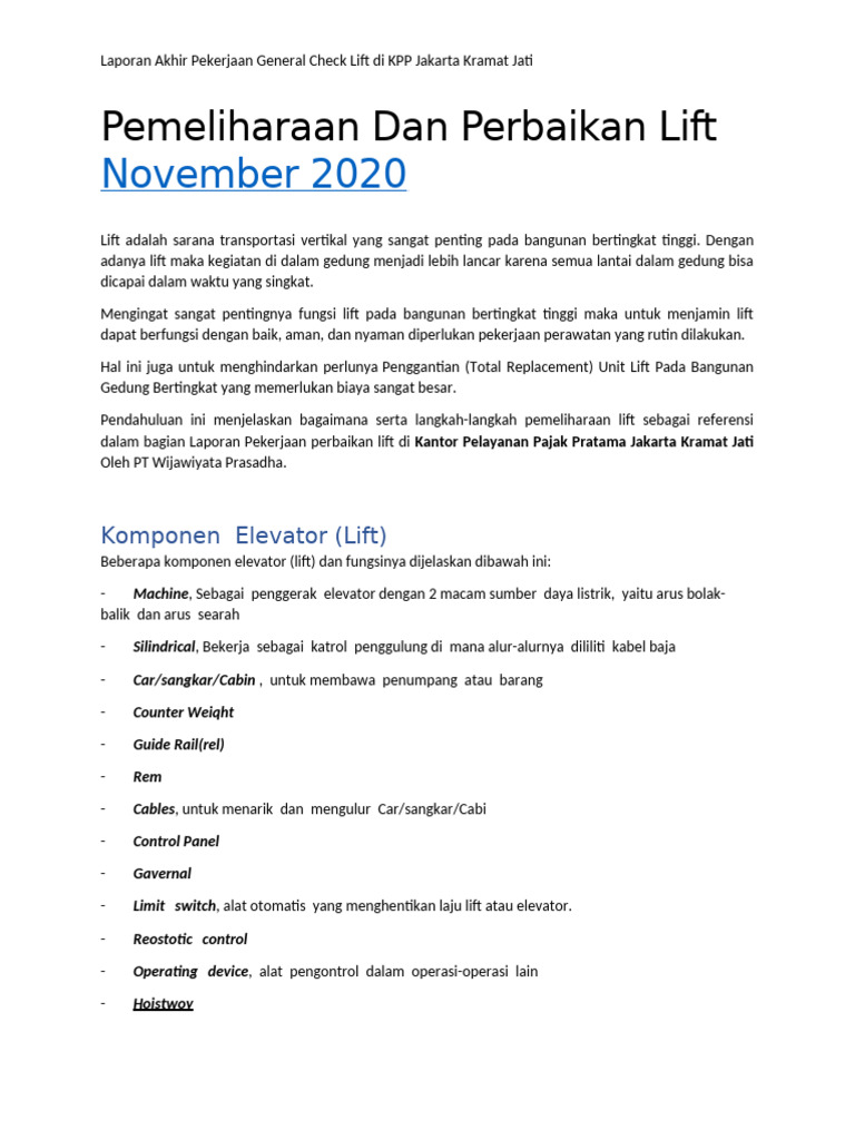 Laporan Pek Lift Pemeliharaan Dan Perbaikan Lift | PDF