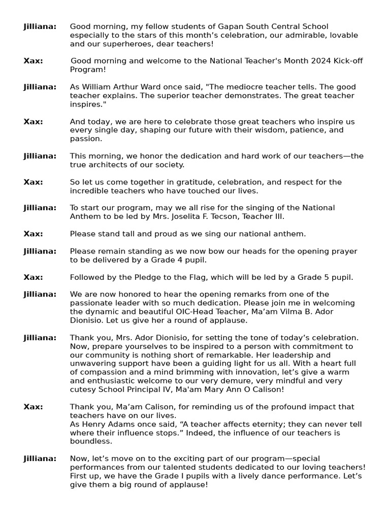 Script For Student For Teacher's Day | PDF | Social Science