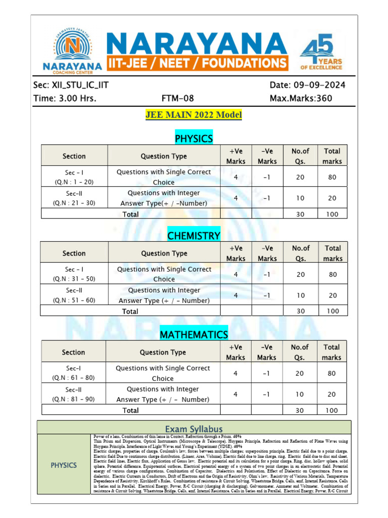 12TH Study Jee - FTM-8 - Q.P. - 09.09.2024 | PDF
