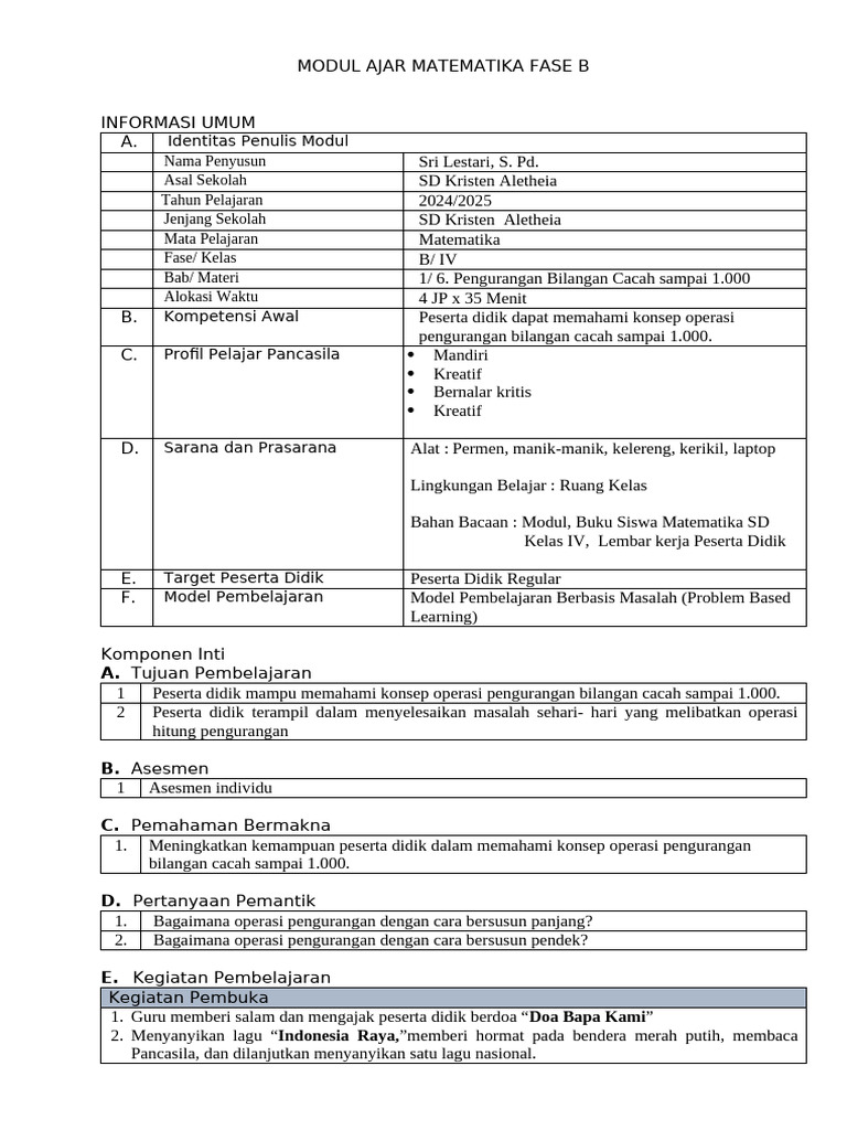 Modul Ajar Matematika Bab. 1.6 Kelas IV Tapel 2024-2025 | PDF