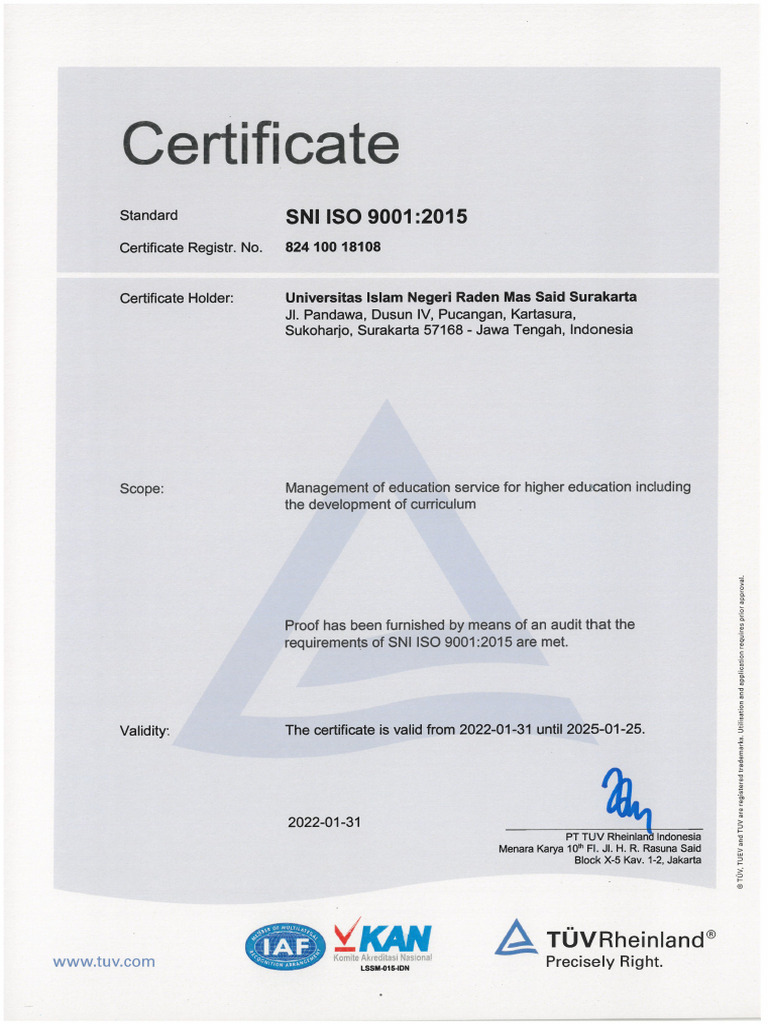 Sertifikat Iso Uin Raden Mas Said Surakarta 2022-2-1681371329 | PDF
