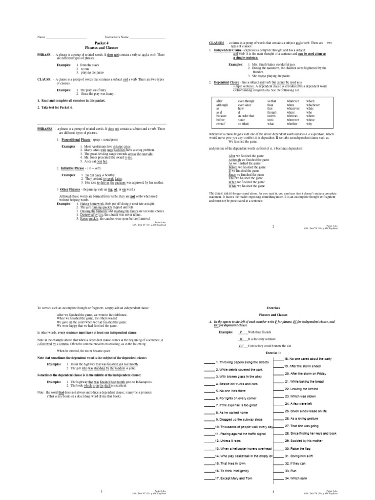 Packet 4 Phrases and Clauses | PDF