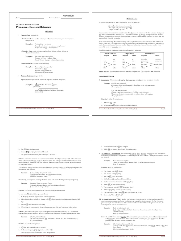 Grammar Review Packet 8 Pronouns Answer Key | PDF
