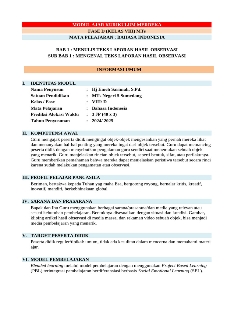 Modul Ajar Bahasa Indonesia Fase D Kelas 8 Bab 1 Menulis Teks LHO | PDF