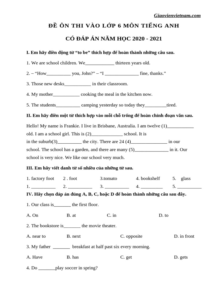 De Thi Vao Lop 6 Mon Tieng Anh Nam Hoc 2019 2020 So 1 | PDF