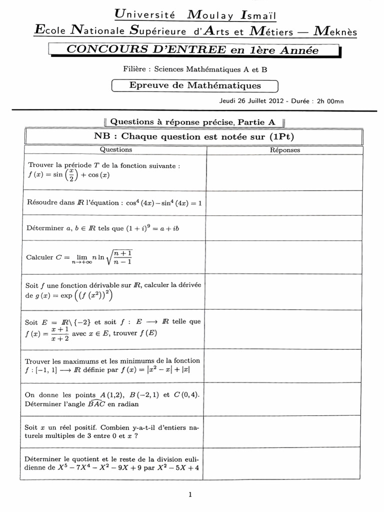 ENSAM 2012 - Maths | PDF