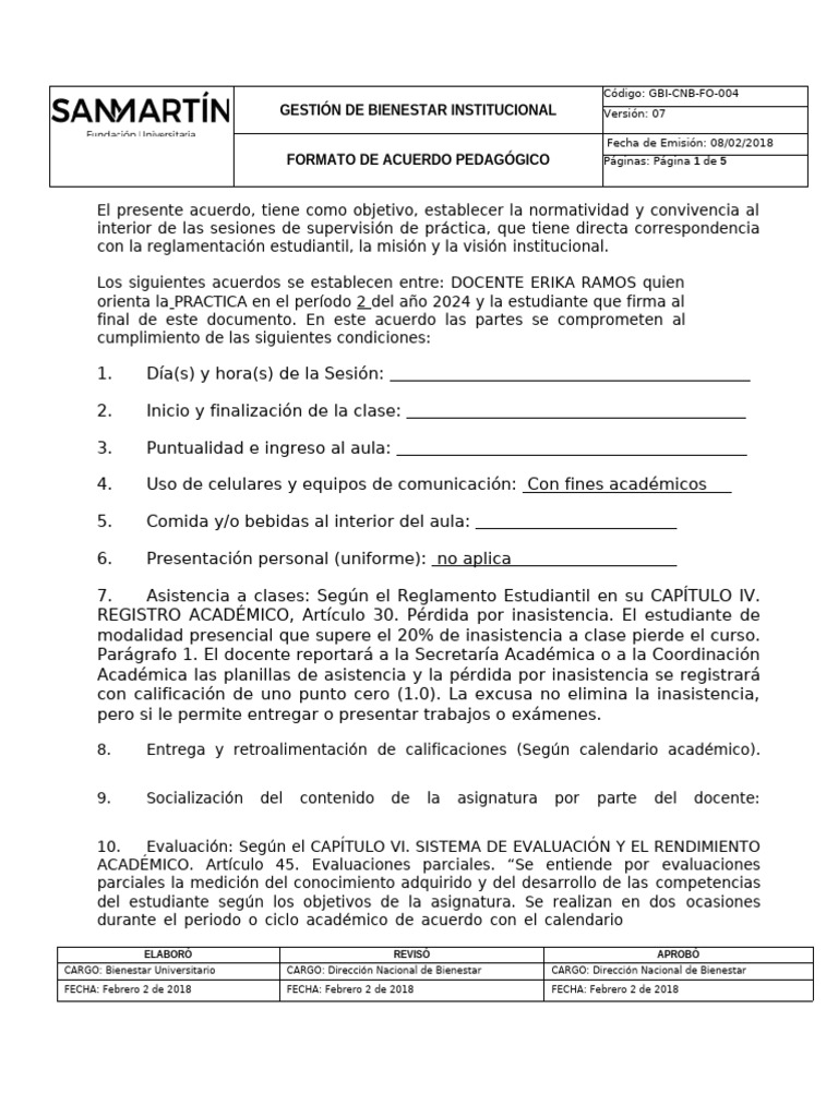 1. GBI-CNB-FO-004 Formato Acuerdo Pedagógico | PDF