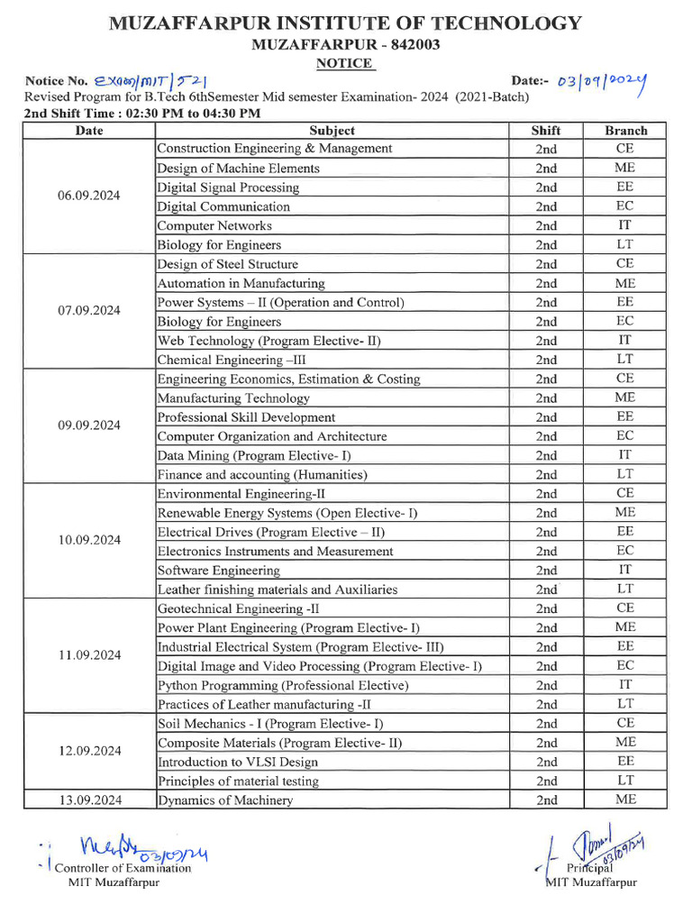 Revised Programm of B.Tech 6th Sem Examination 2024 (2021 Batch) | PDF