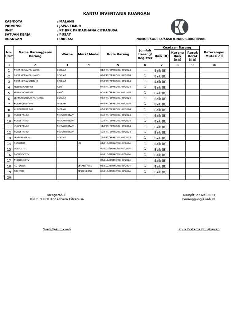 Kartu Inventaris Ruangan | PDF