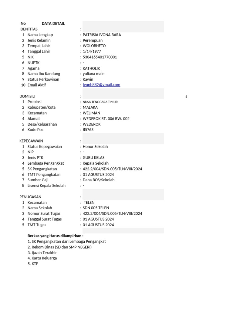 Formulir - PTK - Baru - Dapodik Patrisia Ivona Bara | PDF