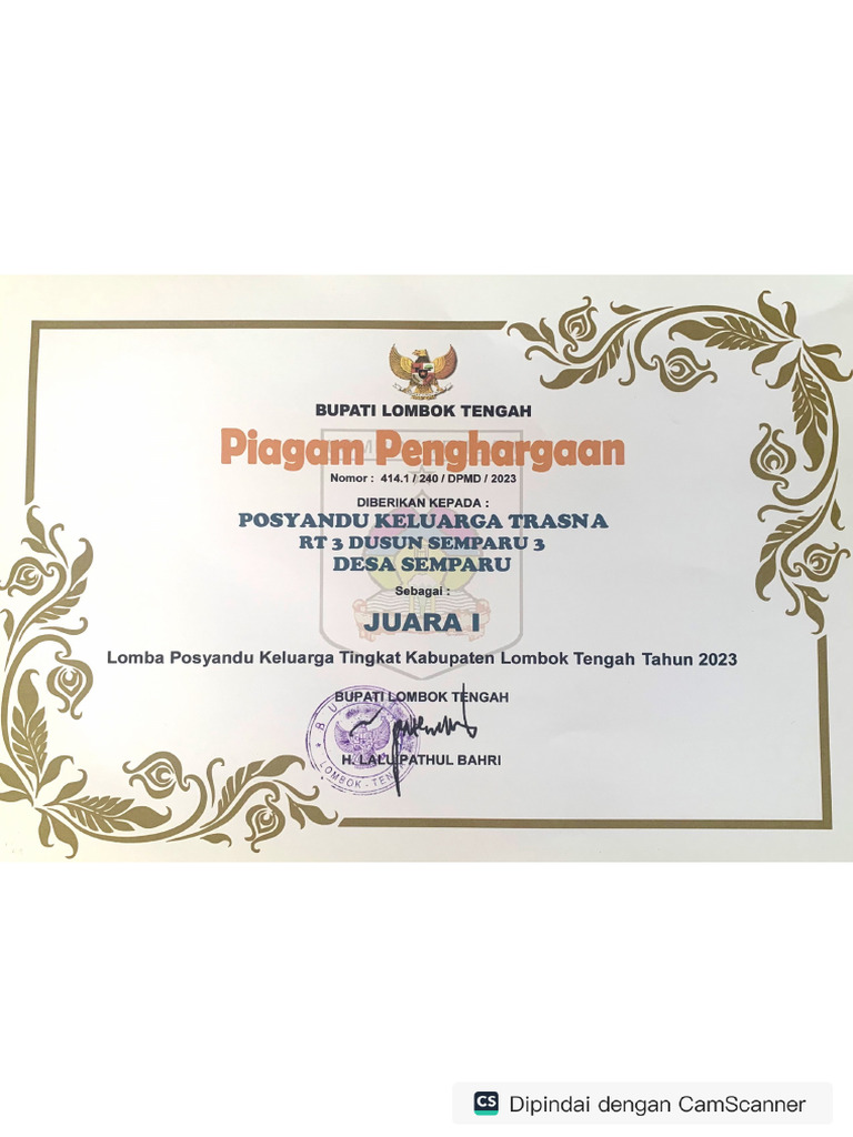Piagam Penghargaan Posyandu | PDF