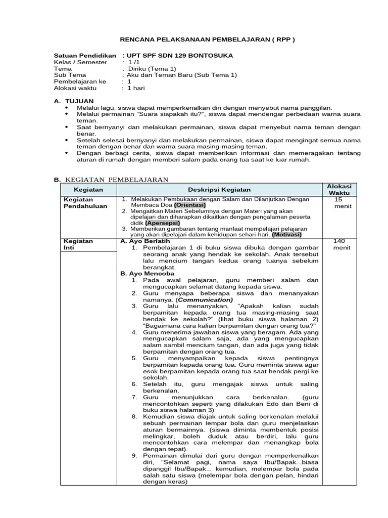 RPP Kelas 1 Tema 1 | PDF
