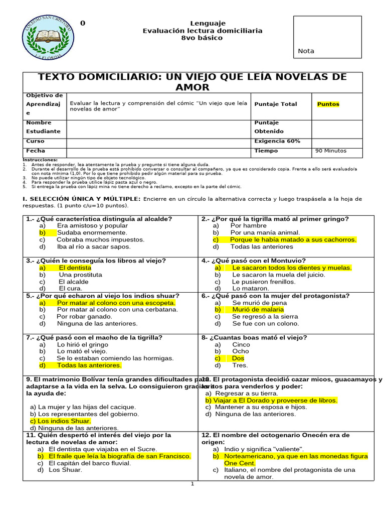 Evaluación Un Viejo Que Leía Novelas de Amor | PDF