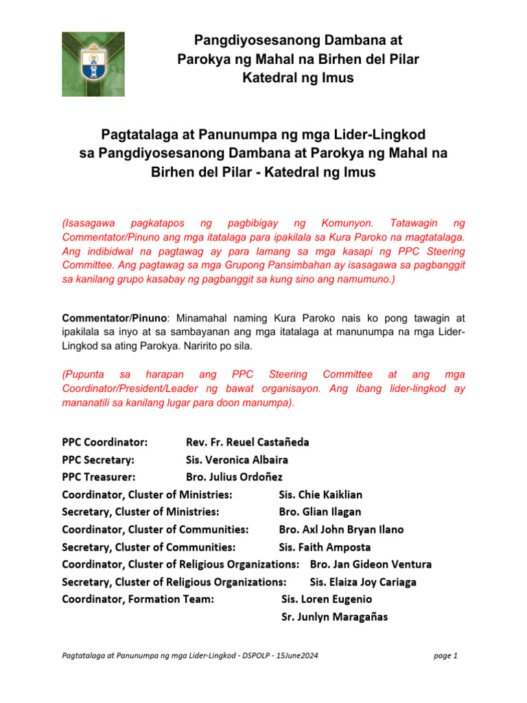 DSPOLP - Pagtatalaga at Panunumpa NG Mga Lider-Lingkod | PDF