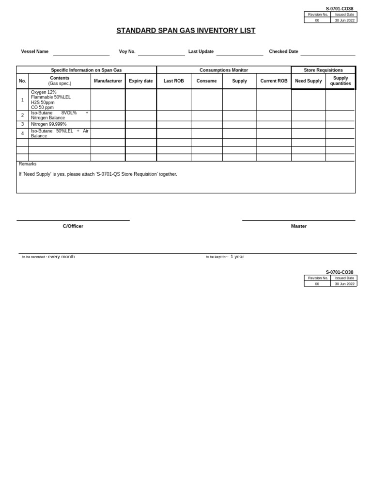 S-0701-CO38 Standard Span Gas Inventory List | PDF