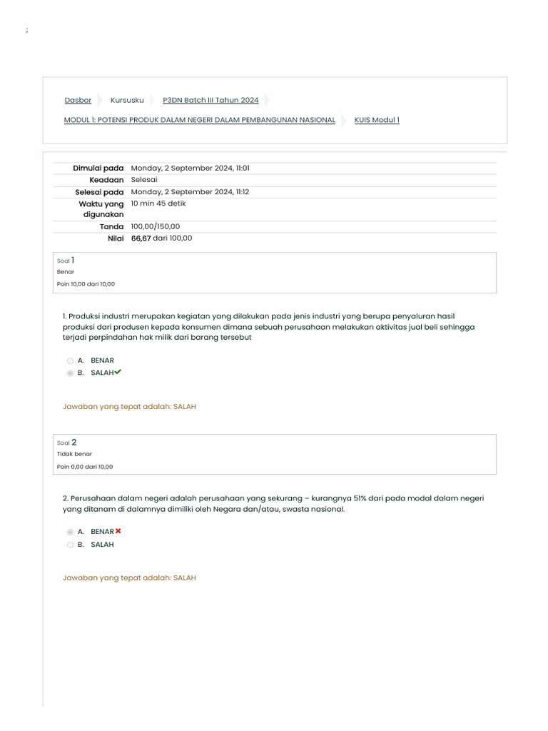 KUIS Modul 1 - Ulasan Hasil Pengerjaan Kuis | PDF