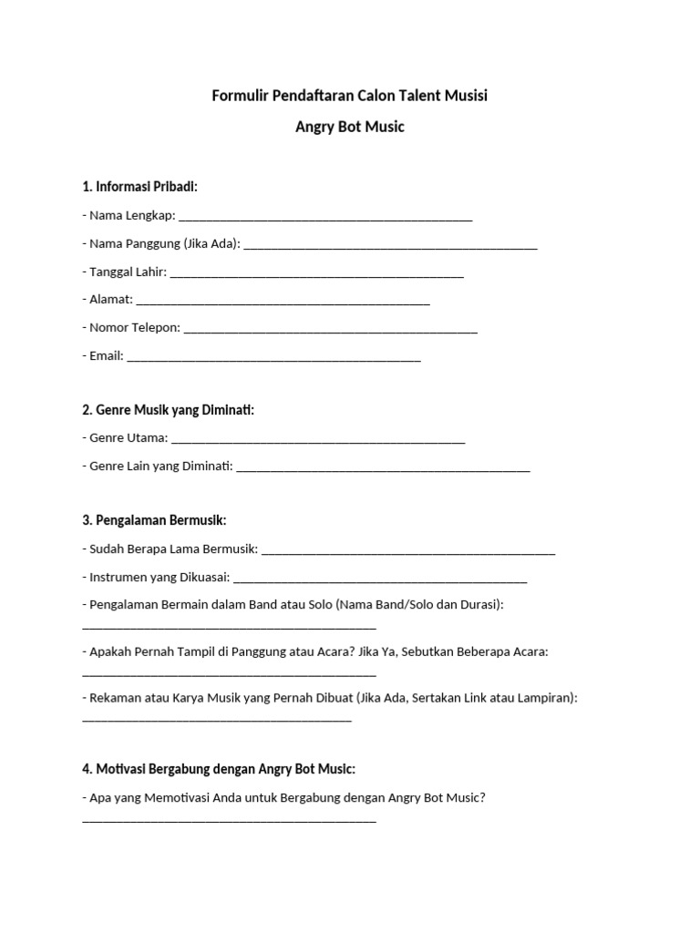 Formulir Pendaftaran Calon Talent Musisi | PDF | Hukum