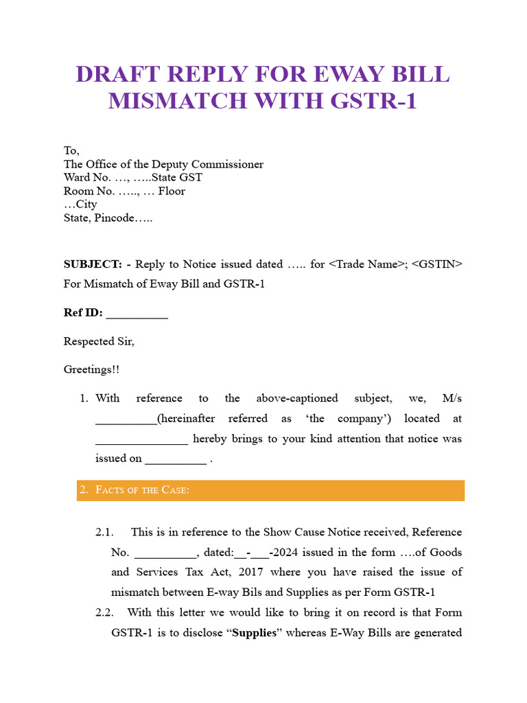 11jun24 Draft Reply For Eway Bill Mismatch With GSTR-1 | PDF