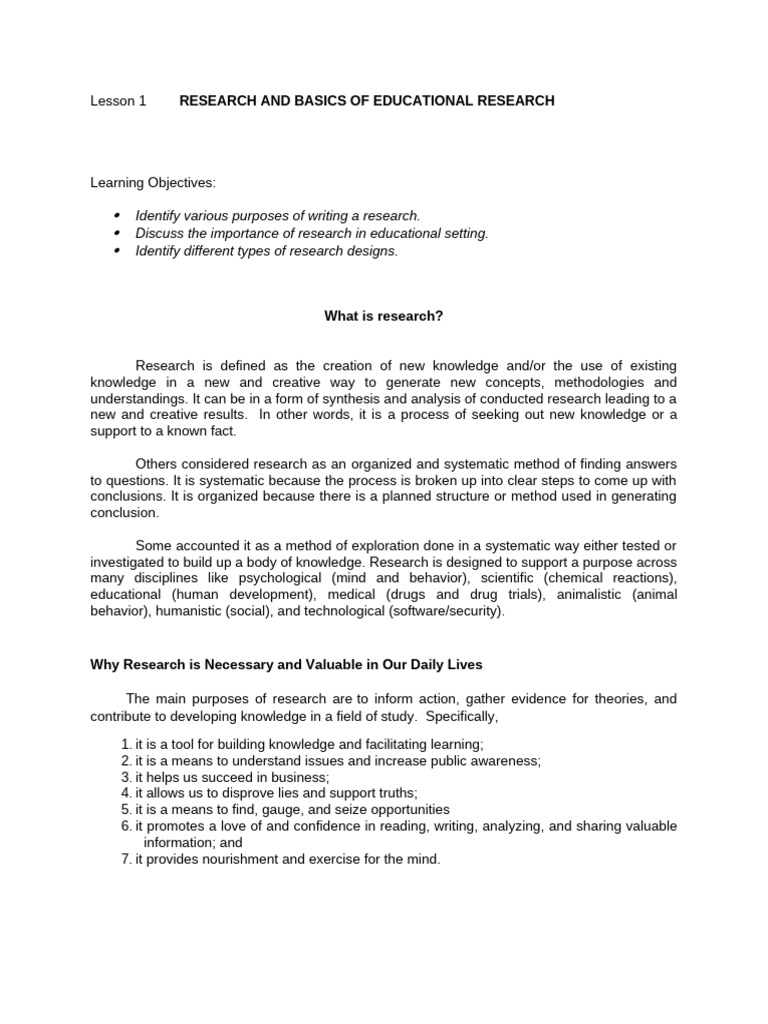 Lesson 1RESEARCH AND BASICS OF EDUCATIONAL RESEARCH | PDF