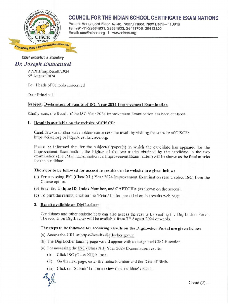 Circular Declaration of ISC Year 2024 Improvement Examination Result | PDF