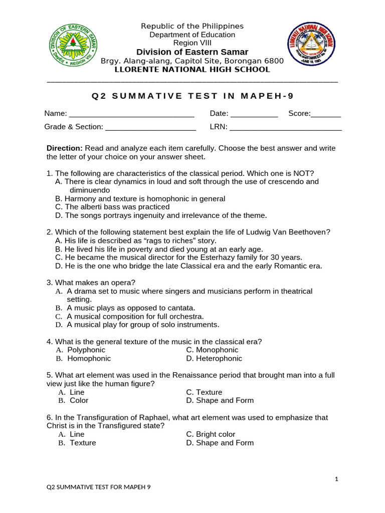 Q2-Summative Mapeh 9 | PDF