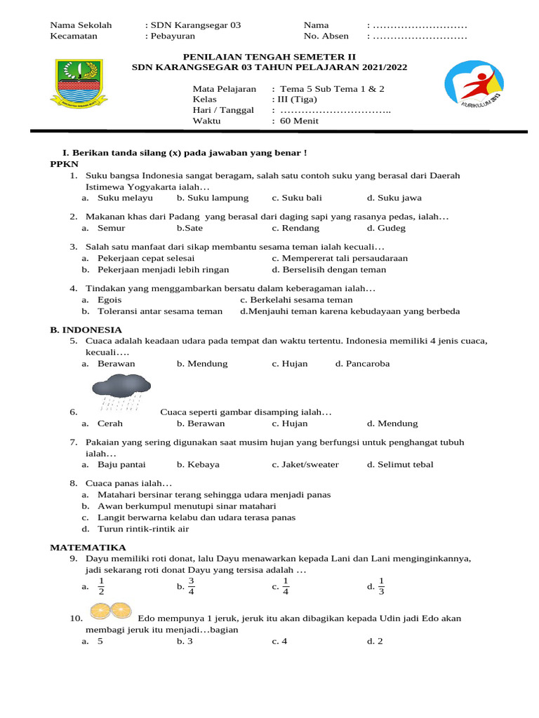 Soal Pts Kelas 3 Hari Ke 1 (Tema 5 Sub 1 2) | PDF