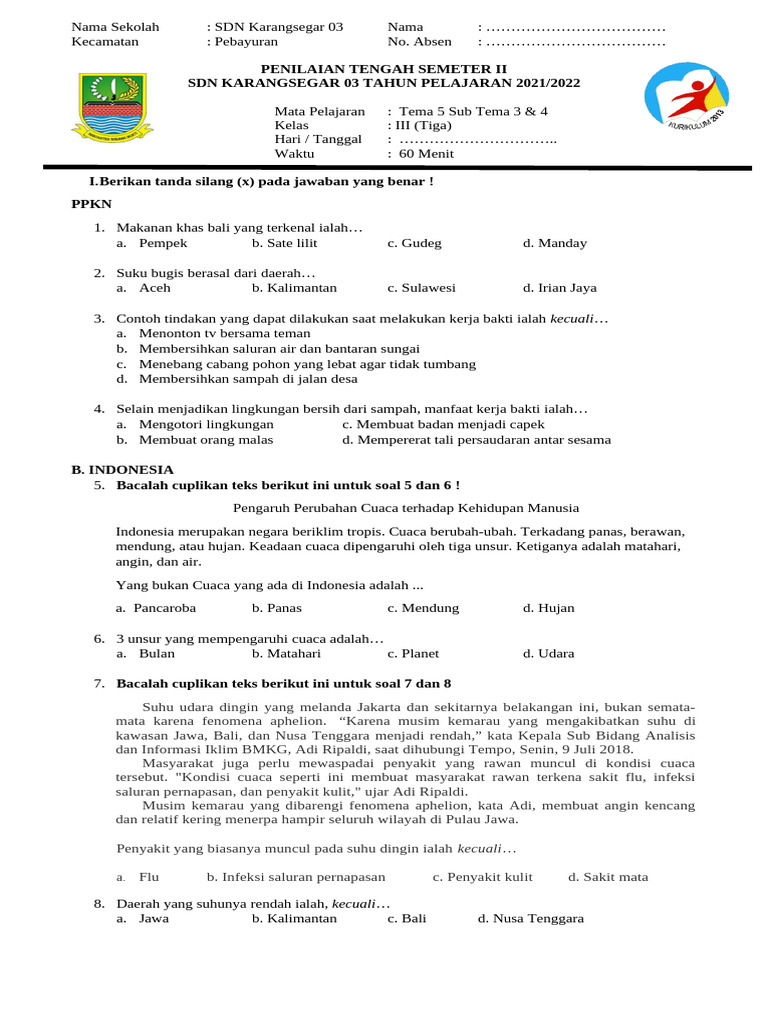 SOAL PTS KELAS 3 Hari Ke 2 (Tema 5 Sub 3 4) | PDF