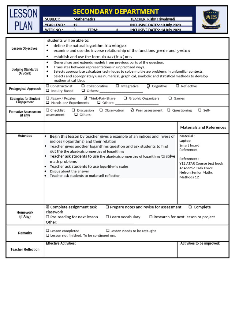 Lesson Plan T3 Week 3 Y12 - 10-14 July 2023 | PDF