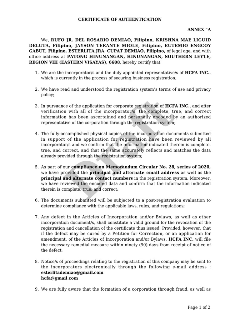 Certificate of Authentication | PDF