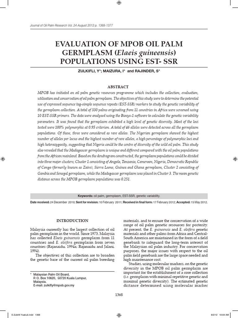 Evaluation of MPOB Oil Palm Germplasm | PDF