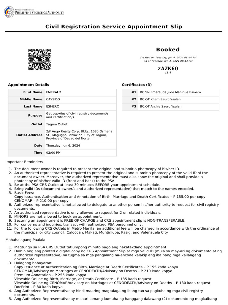 Civil Registration Service Appointment Slip: zAZK6O | PDF