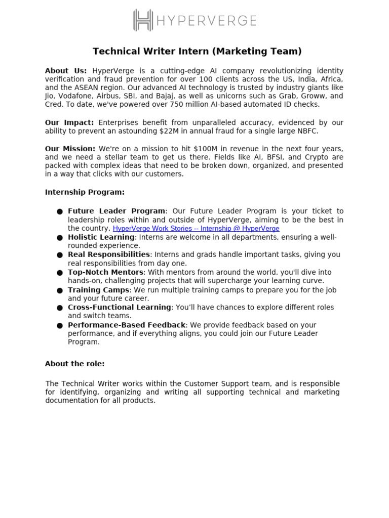 Technical Writer Intern JD 2024-25 | PDF