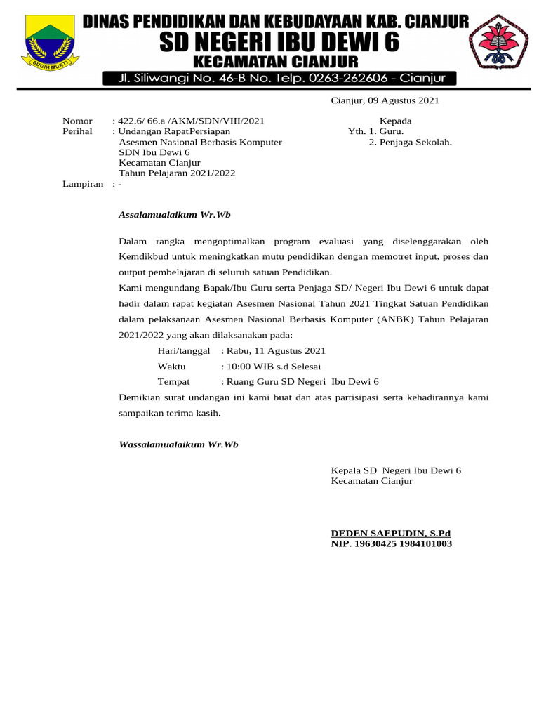 Undangan, Daftar Hadir, Notulen, Rapat Dan Berita Acara ANBK 2021 | PDF