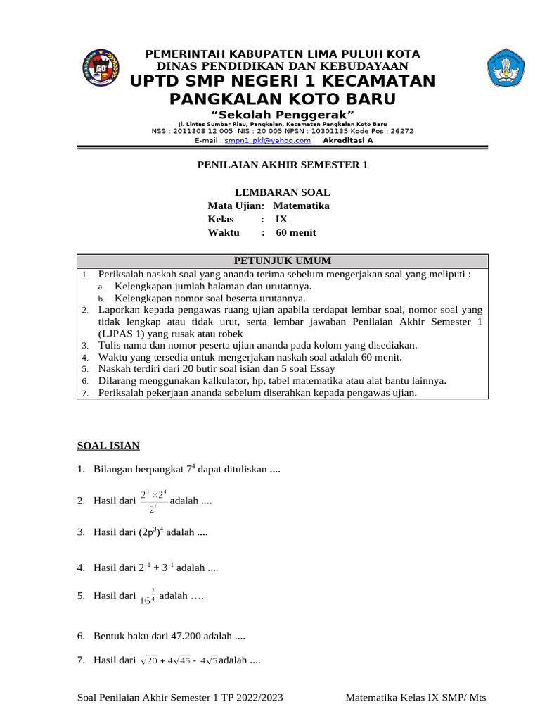 Soal Pas 1 KLS Ix TP 2022-2023 Ok | PDF