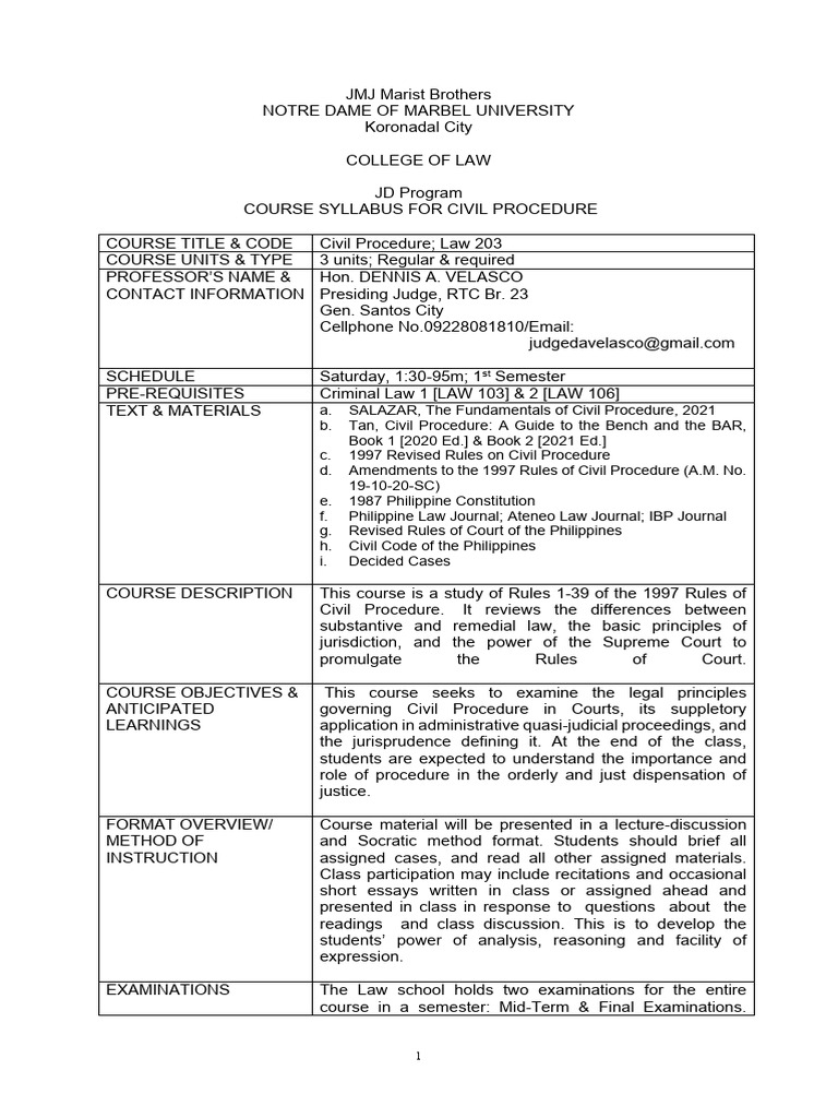 Civil Procedure 1 Syllabus 2022 2023 | PDF