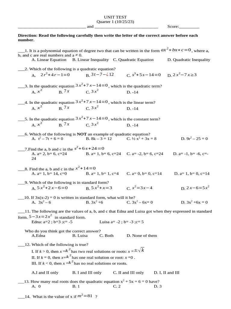 1st Periodic Test - Math 9 | PDF