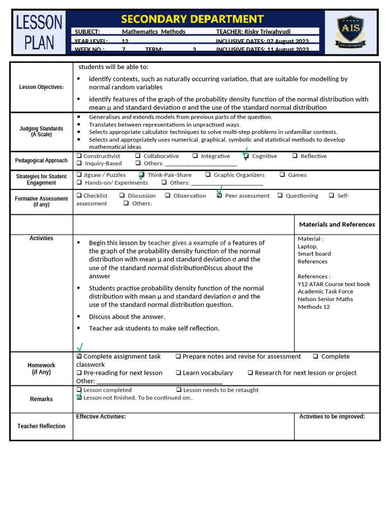 Normal Distribution Lesson Plan | PDF | Normal Distribution | Mathematics