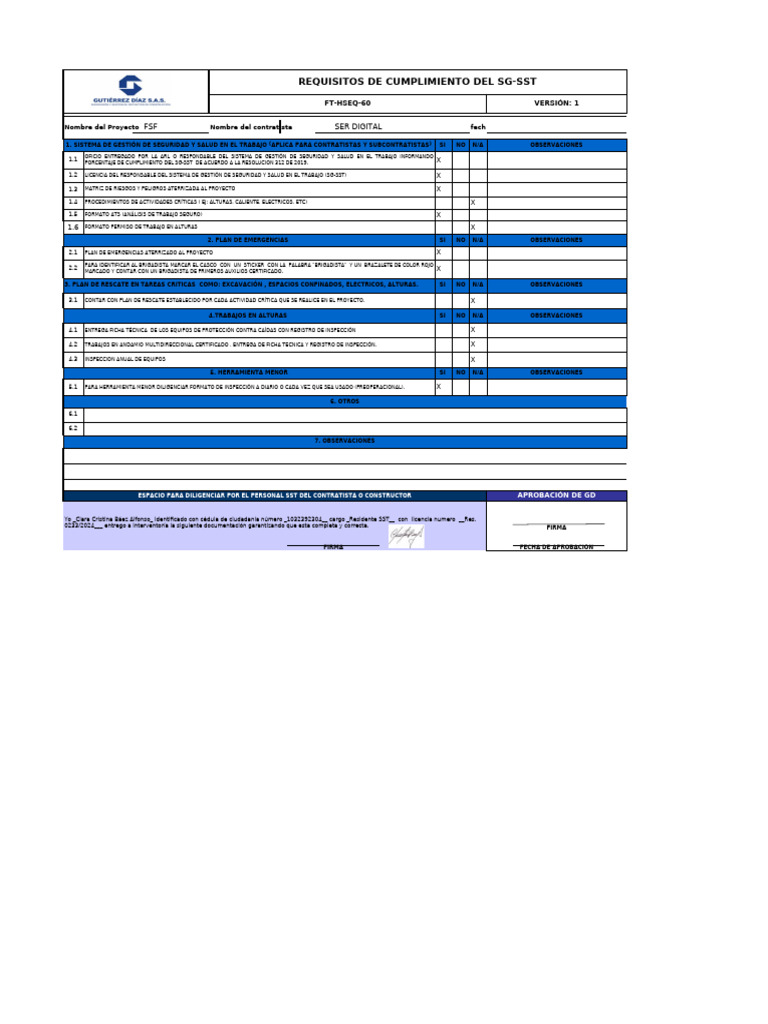 FT-HSEQ-60 Requisitos de Cumplimiento SG-SST Contratista V1 | PDF