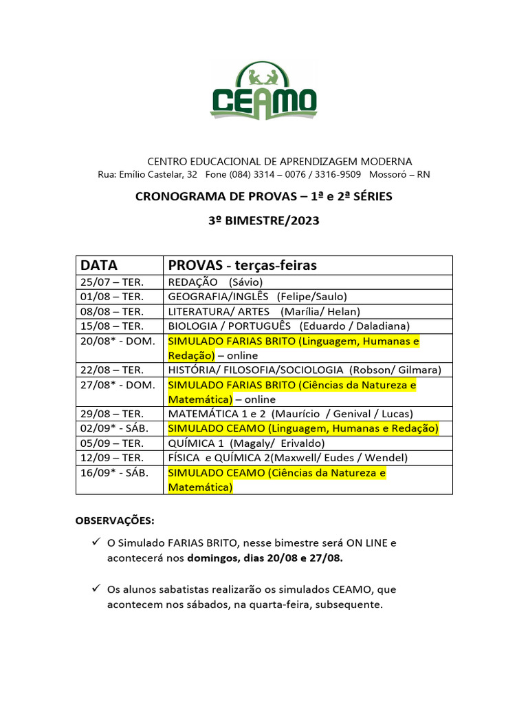 CEAMO Calendário de Provas 1 e 2 Série 3 Bimestre | PDF